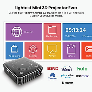 Sentrym L1 Ultra Mini 3D Portable Projector, Android 9.0, Bluetooth 5.0, Dual Band Wi-Fi, 16GB, 2GB Ram, 2 Hour Battery Life, Touch Navigation, Auto Keystone, 0.4lb (Free Tripod Stand Included!)
