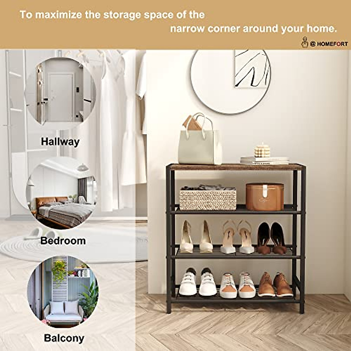 HOMEFORT 4-Tier Metal Shoe Rack, All-Metal Shoe Tower,Shoe Storage Shelf with MDF Top Board,Each Tier Fits 3 Pairs of Shoes,Entryway Shoes Organizer with Sturdy Metal Shelves in Rustic Brown,23.23"