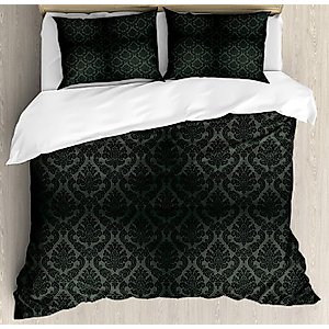 Ambesonne Dark Grey Duvet Cover Set, Damask Motifs Victorian Vintage Revival Design Elements Medieval Baroque, Decorative 3 Piece Bedding Set with 2 Pillow Shams, King Size, Charcoal Grey