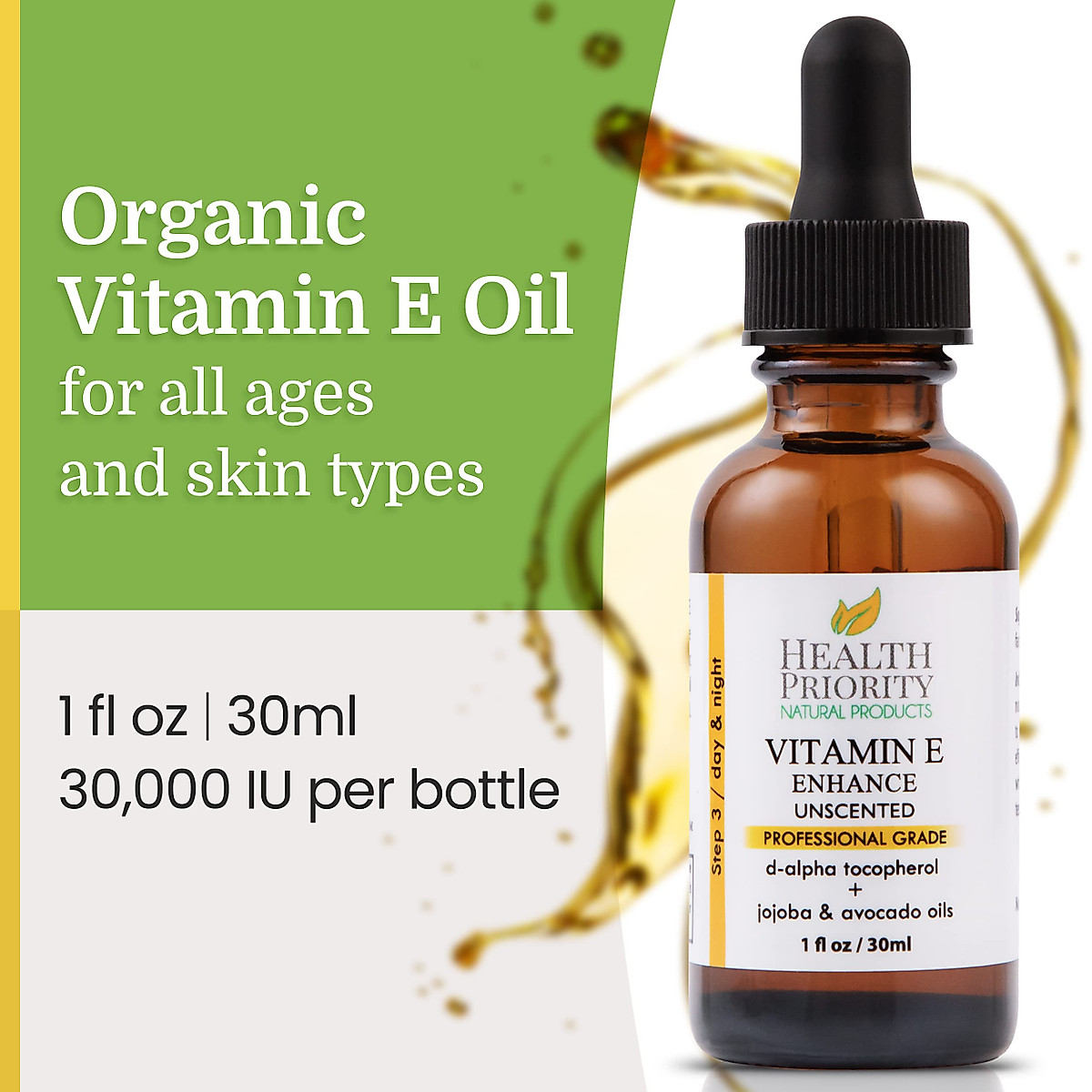 Organic Vitamin E Oil for Skin & Scars |100% Pure Natural Vitamin E Serum Hand Made in South Carolina | 15000 IU Vitamin E for Face & Hair| Non-GMO, Gluten & Cruelty Free, Vegan | Unscented 1 Fl Oz