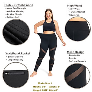 MEJING Plus Size Yoga Pants with Pockets, L-5X Mesh Workout Leggings for Women, High Waisted Tummy Control Activewear Black L