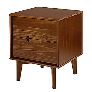 Walker Edison Mid Century Modern Grooved Handle Wood Nightstand Side Table Bedroom Storage Drawer and Shelf Bedside End Table, 2 Drawer, Walnut