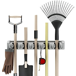 Stalwart Garden Tool Organizer Wall Mount Broom and Mop Holder, 5 Adjustable Slots and 6 Hooks Utility Rack for Garage or Home Organization