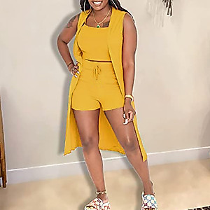 EQQZD 3 Piece Outfits for Women Vest Cardigan Crop Tank Top Shorts Sets Summer Ribbed Knit Lounge Pajama Set Yellow XL