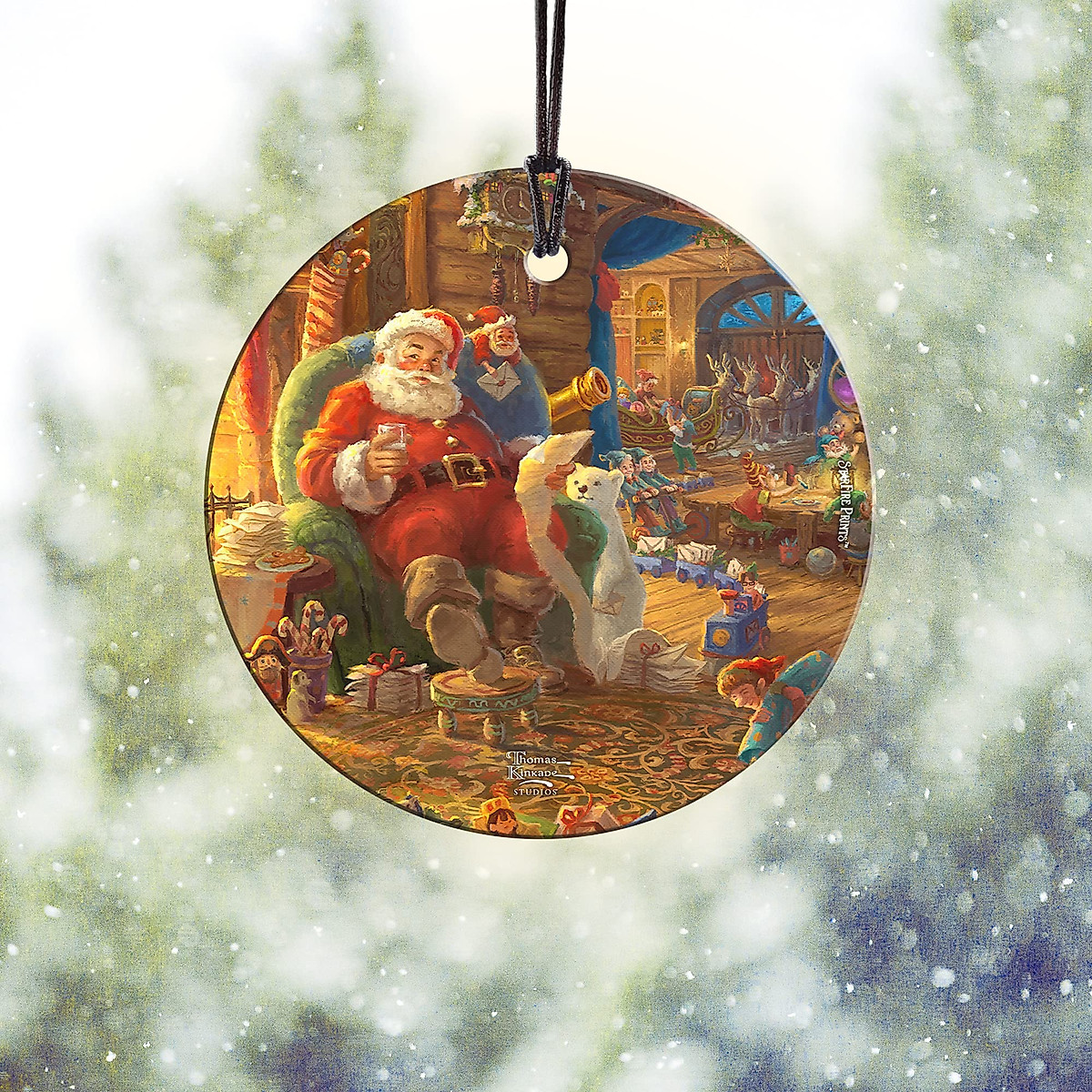 Thomas Kinkade - Santa’s Workshop - Checking His List - 3.5” Starfire Prints Hanging Glass Print Accessory – Officially Licensed Collectible | Complimentary Velveteen Gift Bag
