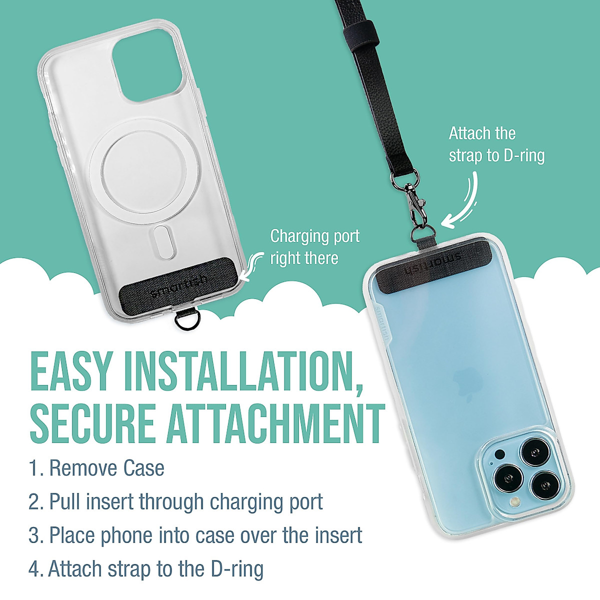 Smartish Phone Lanyard - Case Clinger - Universal iPhone Holder with Detachable Crossbody Shoulder Neck Strap Compatible with All Phone Cases - Adjustable Black Vegan Leather