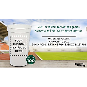 DISCOUNT PROMOS Custom Large Plastic Stadium Cups 22 oz. Set of 100, Personalized Bulk Pack - Perfect for Birthdays, Picnic, Beach, Parties - White
