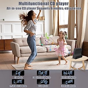 Fohil Portable CD Player with Bluetooth, 4000mAh Rechargeable Desktop CD Music Player for Home with Built-in Double HiFi Sound Speakers, Battery LED Screen CD Player Support AUX&USB FM Radio