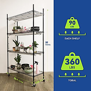 Monios-L Plant Shelf with Grow Lights, 4-Tier Metal Plant Stand with 180W T8 5000K Grow Light Bar, Heavy Duty Adjustable Rack with Wheels for Indoor Plants, Succulents, Seedlings(35Lx14Wx61H, Black)