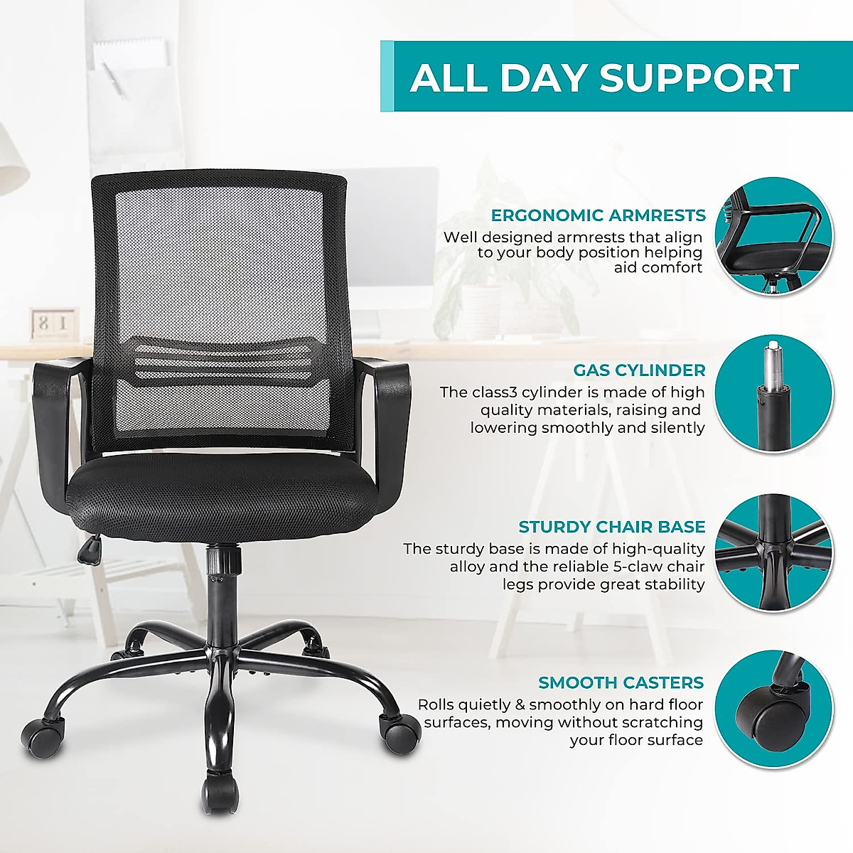 Office Chair, Mid Back Desk Chair, Ergonomic Home Office Desk Chairs, Mesh Computer Chair, Cute Swivel Rolling Task Chair with Lumbar Support and Armrests