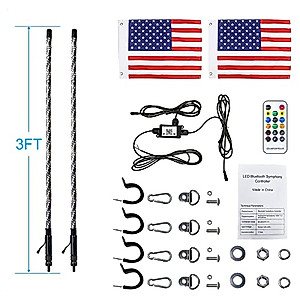 3FT-2PC LED Whip Lights for UTV RGB Chasing/Dancing Light Remote Control APP-Supported, 600+ Color Mode Combinations, RGB Chasing Lighted Antenna Whips for UTV, ATV, Truck, Dune Buggy