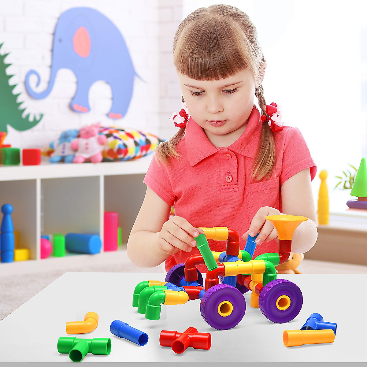 Playlearn Large Size Pipe Tube Blocks for Kids – Fine Motor STEM Toy for All Ages – 128 Pieces