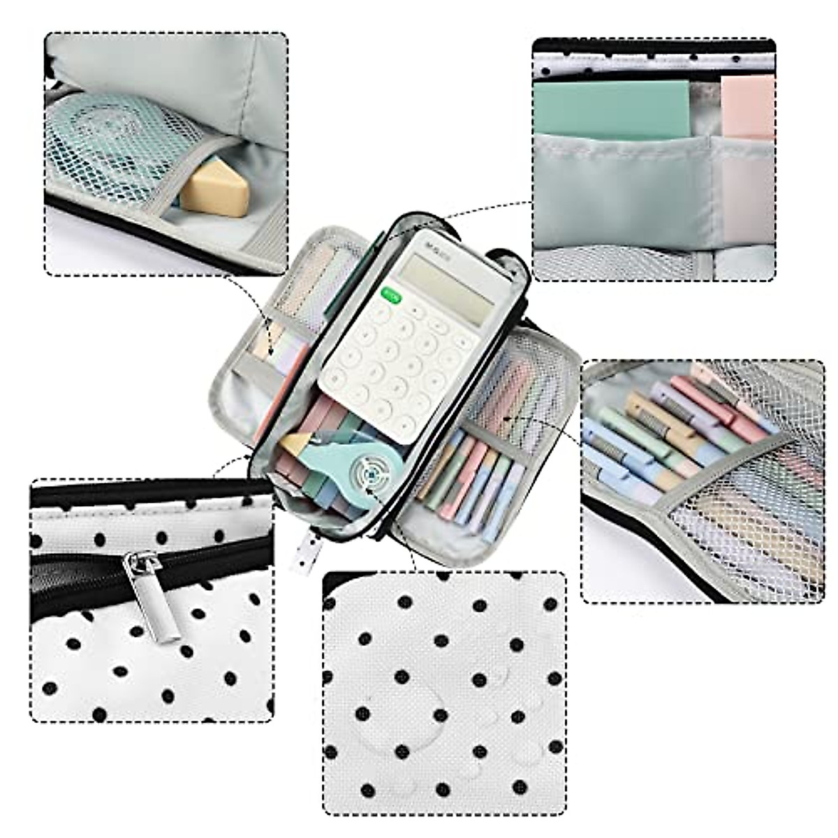 EOOUT Big Capacity Pencil Case Pencil Pouch Pen Bag Cute Aesthetic Organized Pen Case for School Stationery and Travel Cosmetics Storage (Black Dot)