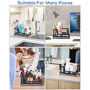 ODesign Kitchen Sink Organizer Sponge Brush Holder with Drain Pan Tray Sink Caddy Countertop Stainless Steel Rustproof - Black