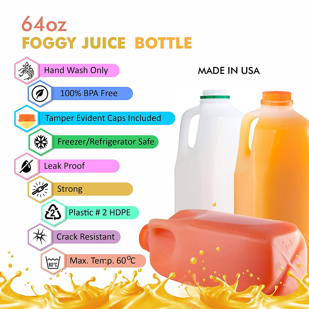 [5 PACK] Empty Plastic Juice Bottles with Tamper Evident Caps 64 OZ - Half Gallon, Smoothie Bottles - Ideal for Juices, Milk, Smoothies, Picnic's and even Meal Prep by EcoQuality Juice Containers
