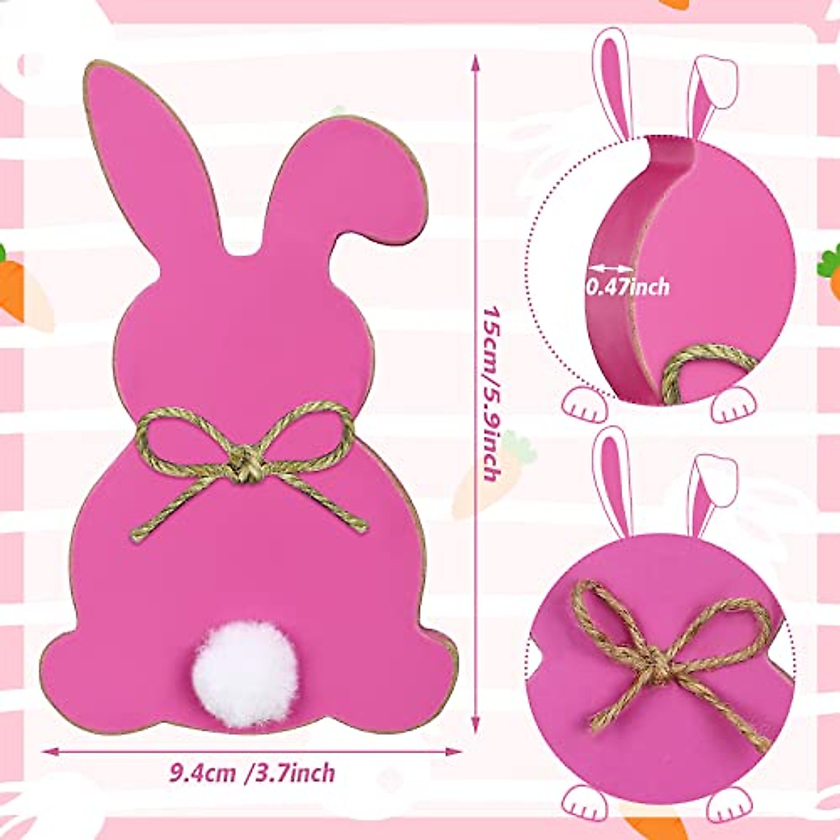 4 Pieces Easter Table Decorations Bunny Wooden Sign Spring Rabbit Wood Tabletop Block Freestanding Easter Tiered Tray Decor with Rope and Fluffy Tail Easter Decorations for Home Table Room Decor