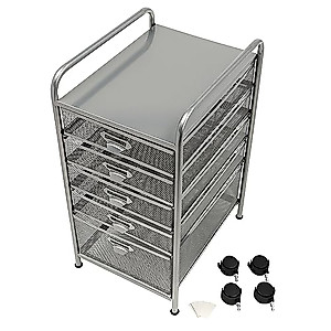 Rolling Carts with Wheels and Drawers, Metal Mesh 5 tier Rolling File Cart File Cabinet with Drawers Storage Cart, Silver