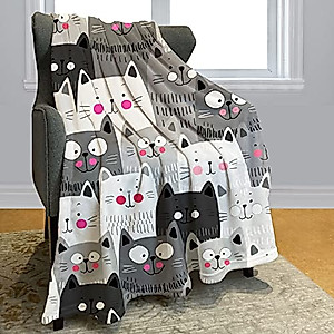 YISUMEI Cute Cat Throw Blanket Grey and White Smiling Cat Fleece Blanket Soft Warm Cozy for Kids Adult Gifts 50"x60"