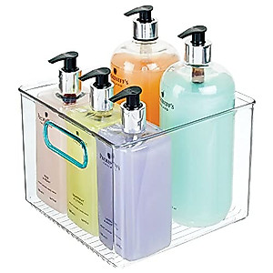mDesign Plastic Storage Bin with Handles for Organizing Hand Soaps, Body Wash, Shampoos, Lotion, Conditioners, Hand Towels, Hair Accessories, Body Spray, Mouthwash - 8" Square, 4 Pack - Clear/Blue