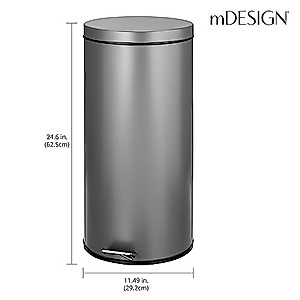 mDesign Tall 30 Liter / 7 Gallon Large Round Metal Lidded Step Trash Can, Thin Compact Garbage Bin with Removable Liner Bucket for Bathroom, Kitchen, Craft Room, Office, Garage - Graphite Gray