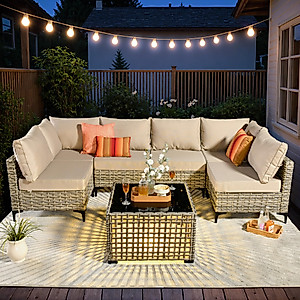 ovios 7 Piece Outdoor Patio Furniture with Glowing Coffee Table, Rattan Wicker Coversation Set with Sofa, Sectional Single Chairs for Outside Porch Balcony Backyard Pool,Beige