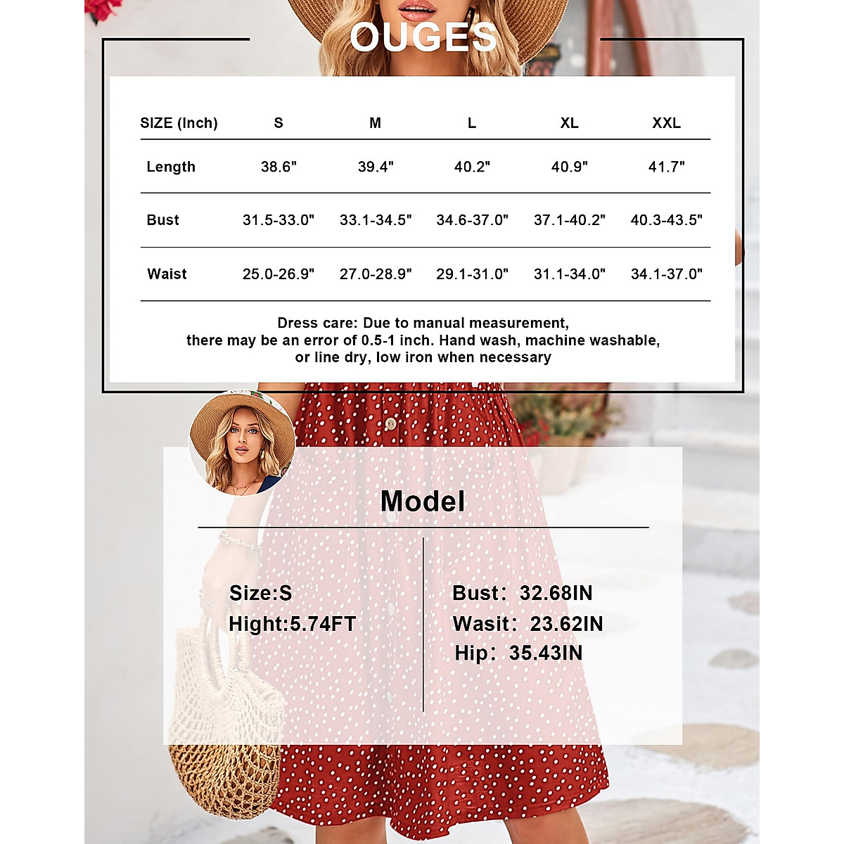 OUGES Casual Summer Short Sleeve Button Up Dress for Women 2025 Polka Dot Midi V Neck Skater Dress with Pockets(Green Polka Dot2,M)