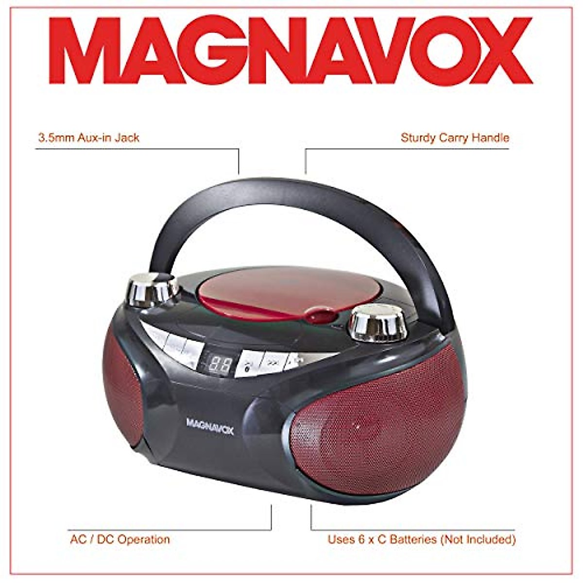 Magnavox MD6949 Portable Top Loading CD Boombox with AM/FM Stereo Radio and Bluetooth Wireless Technology in Red and Black | CD-R/CD-RW Compatible | LED Display |