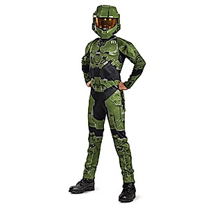 Halo Infinite Master Chief Costume, Kids Size Video Game Inspired Character Jumpsuit, Classic Child Size Large (10-12), Green & Black
