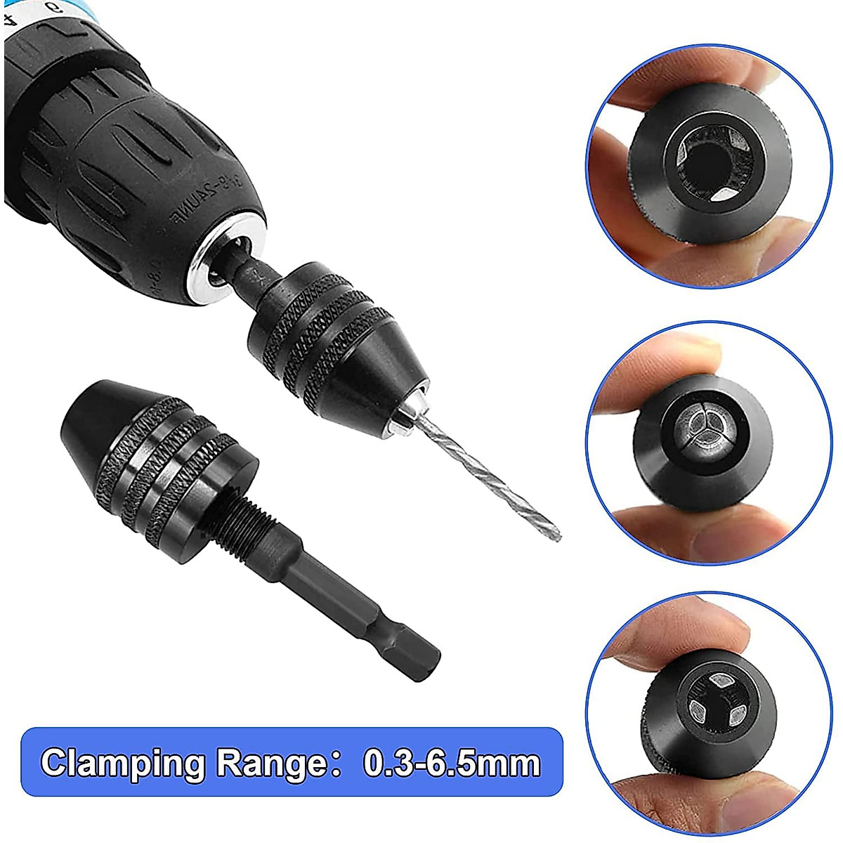 RZJZGZ 3 Pcs Keyless Drill Chuck Bit 1/4 Inch Hex Shank Keyless Drill Chuck Conversion Tool,0.3-6.5 mm&0.3-3.6 mm&0.8-8mm Quick Screwdriver Drill Adapter for Micro Drill Bit