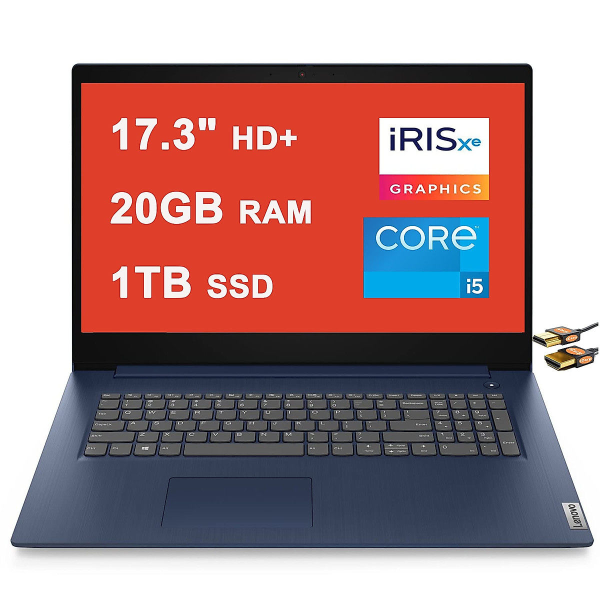 Lenovo IdeaPad 3i 17 Business Laptop 17.3" HD+ Display 11th Gen Intel Quad-Core i5-1135G7 (Beats i7-10710U) 20GB RAM 1TB SSD Intel Iris Xe Graphics Fingerprint USB-C Win11 Blue + HDMI Cable