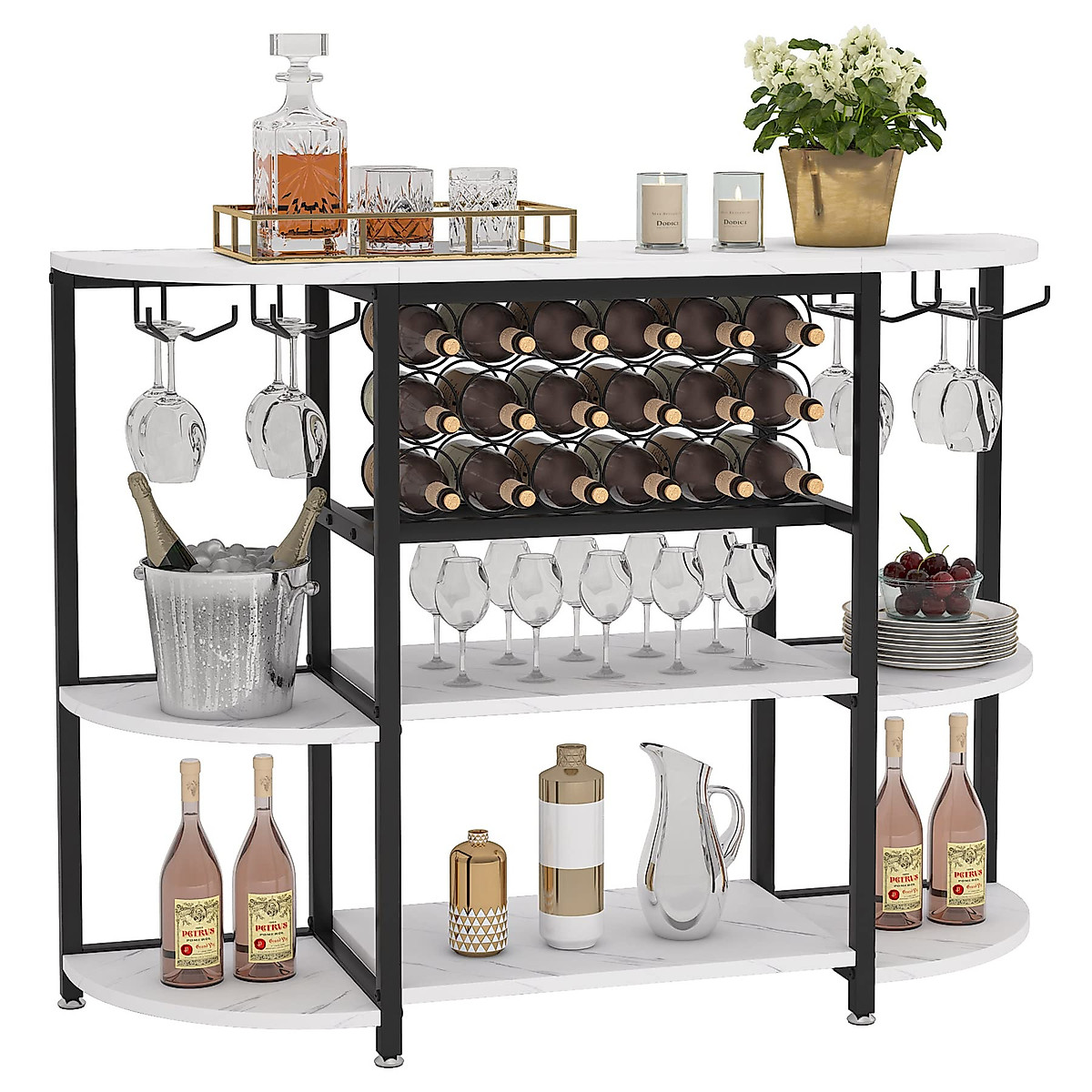 Tribesigns Wine Rack Table, 47 Inch Modern Wine Bar Cabinet with Storage, Freestanding Floor Bar Cabinet for Liquor and Glasses for Home Kitchen Dining Room, White