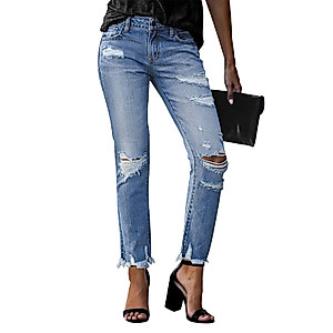 KUNMI Women's Ripped Boyfriend Slim Fit Jeans Frayed Distressed Stretchy Denim Pants