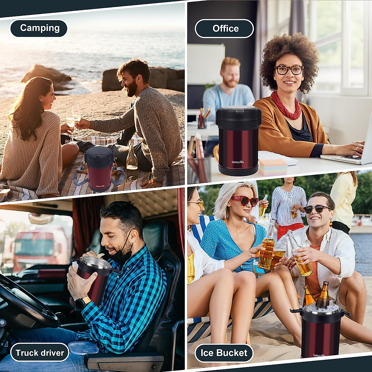 Yelocota Thermos for Hot Food- 67 Ounce Wide Mouth Insulated Soup Container- 18/10 Stainless Steel Lunch Food Jar with 3 Tiers Leak-Proof Stackable Thermal Lunch Box,Fork,Spoon and Bag