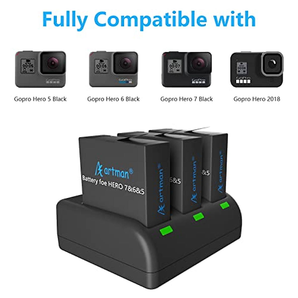 Artman Hero 7/6/5 Battery 1480mAh 3-Pack and 3-Channel LED USB Hero 7 Charger Compatible with Gopro Hero 7 Black,Hero 6 Black,Hero 5 Black,Hero 2018(Not for Silver or White)