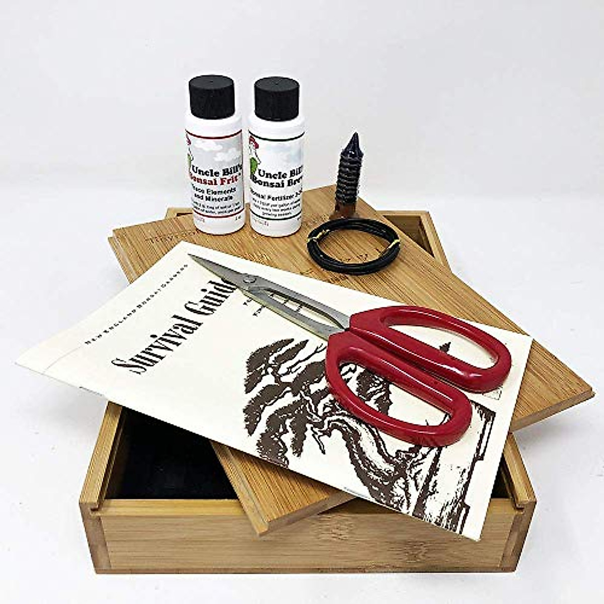 Tinyroots Starter Bonsai Tool Kit - Survival Guide + Set Includes: Butterfly Pruning Shears, Bottle Uncle Bill's Fertilizer, 2 Ounce Frit, Aluminum Wire, Genuine Chinese Mud Figurine - Bamboo Case
