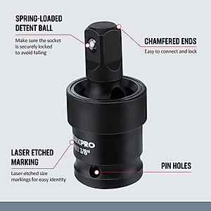 WORKPRO Impact Universal Joint Set, 3 Piece-1/2", 3/8", 1/4"Inch Drive Swivel Socket Set, Socket Adapter Set, Premium CR-MO Steel, Impact Grade, 360 Degree Rotation for Various Angles
