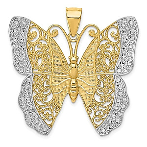 Diamond2Deal 14k Yellow Gold And Rhodium Polished Filigree Butterfly Pendant (L- 36 mm W- 36 mm)