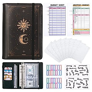 Bienbee Budget Binder, A6 Binder with Zipper Envelopes Money Organizer for Cash Budget Planner with Cash Envelopes for Saving for Girls Women, Golden Sun Moon