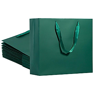 Umoofine Large Green Gift Bag with Ribbon Handles 12 Pack, 12.6x4.5x11 inches Extra Large Blackish Dark Green Gift Bag , Reusable Heavy Duty Deep Green Kraft Bag Paper Bags Bulk for Shopping, Wedding,