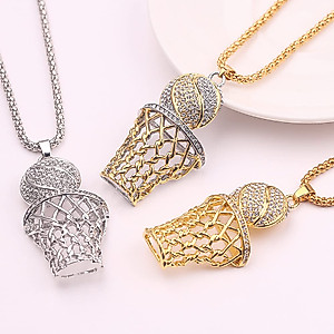 COLORFUL BLING 14k Gold Hiphop Rhinestone Basketball Necklace Punk Basketball Chain Box Pendant Necklace Sports Rock Necklace for Men Women - Silver