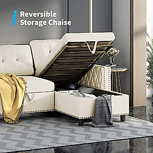 Mjkone Pull Out Sofa Bed, Sectional Sleeper Sofa with Storage, 3 Seat Couch with Chaise Lounge, Velvet Couch with Pull Out Bed, L Shaped Sectional Sofa Couches for Living Room Apartment, Beige