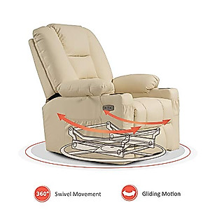 MCombo Manual Swivel Glider Rocker Recliner Chair with Massage and Heat for Nursery, USB Ports, 2 Side Pockets and Cup Holders, Durable Faux Leather 8036 (Cream White)
