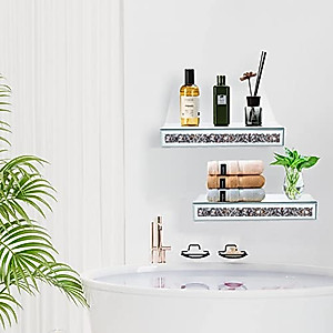 TACIDON Mirrored Floating Shelves Wall Mounted. Crystal Crushed Diamond Modern Wall Shelves Set of 2, Gorgeous Glass Mirror Shelf for Home Wall Decor, Bedroom, Living Room, Bathroom, Kitchen - Silver