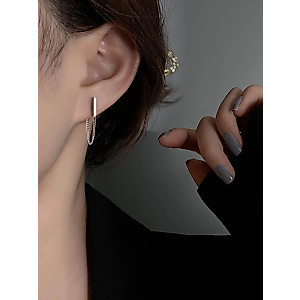 Reffeer 925 Sterling Silver Stud Earrings Minimalist Bar Earrings with Chain Dangle Earrings For Women (A-Silver)