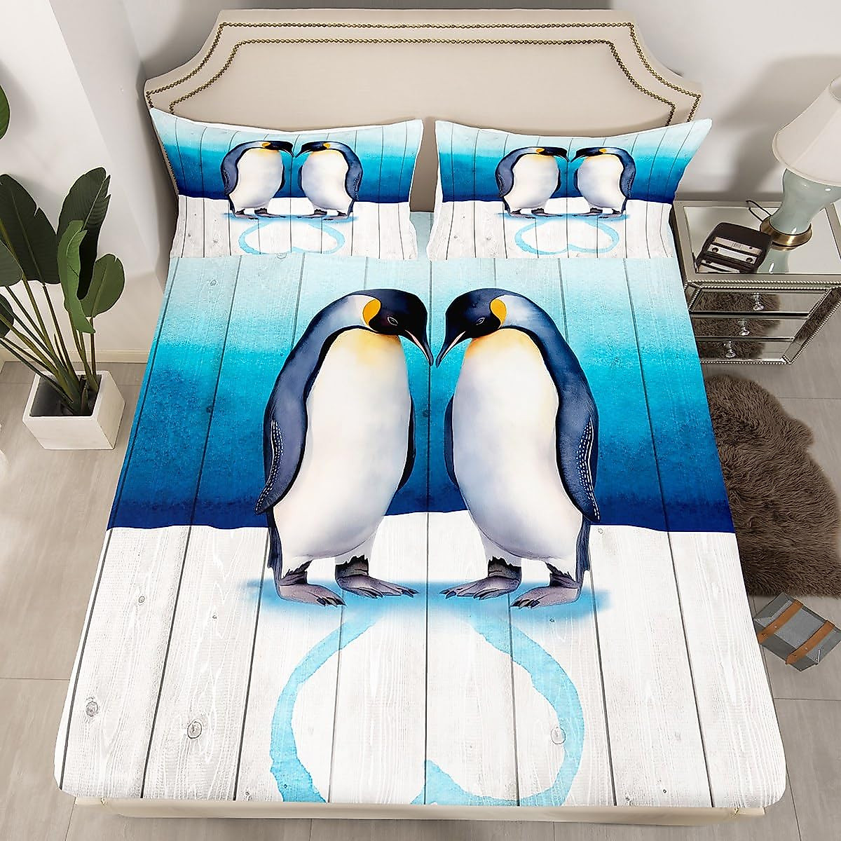 Couple Penguin Bedding Set Twin Size Antarctic Animals Bed Set for Girls Teens Bedroom Decor Kids Penguin Fitted Sheet Soft Microfiber Blue and White Bed Cover(1 Fitted Sheet+1 Pillow Case)