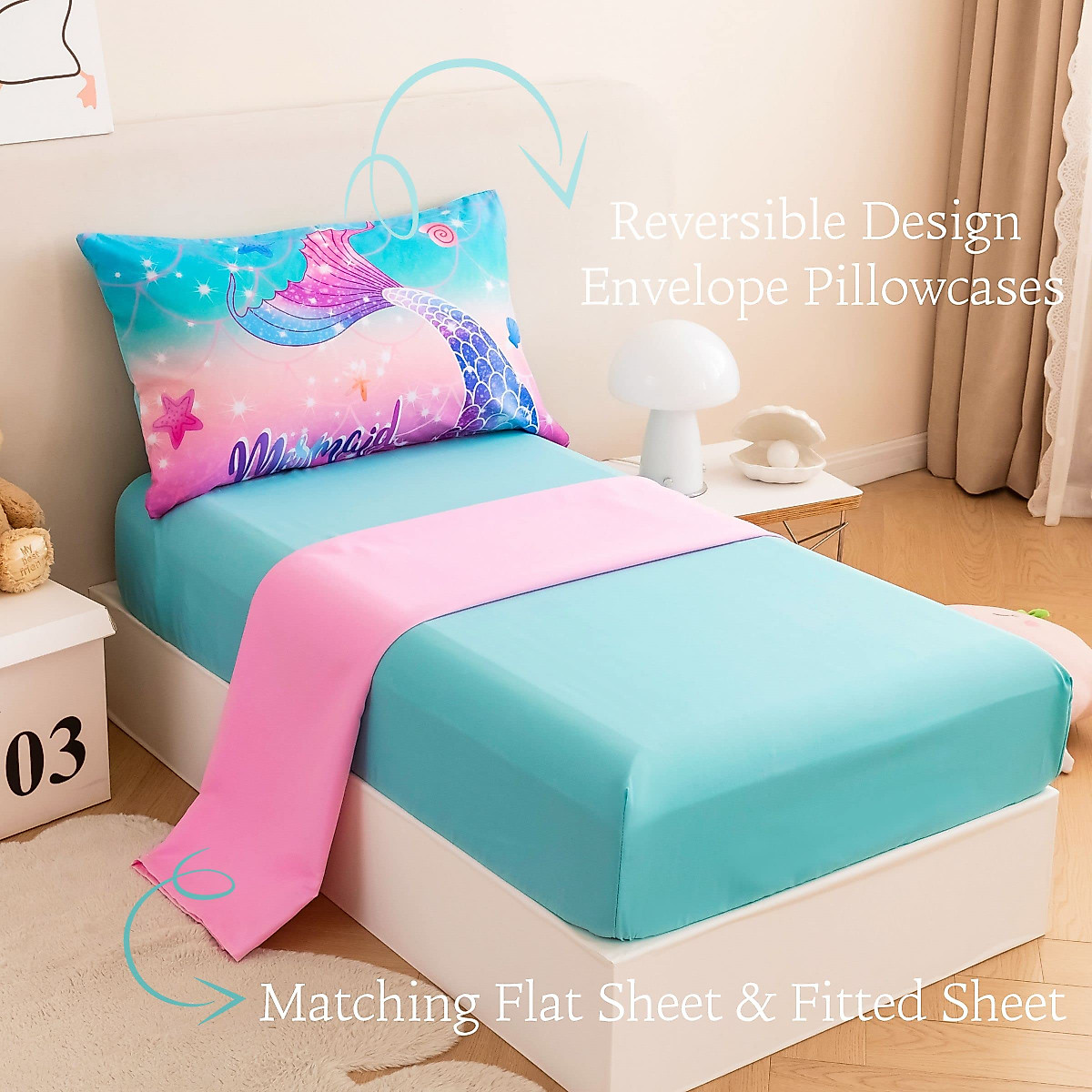 ZRNBAST Toddler Bedding Sets for Girls 4 Pcs Mermaid Tail Toddler Comforter Set Pink Turquoise Gradient Rainbow Colorful Toddler Bedding for Girl Bed, Pink Blue Fish Scale