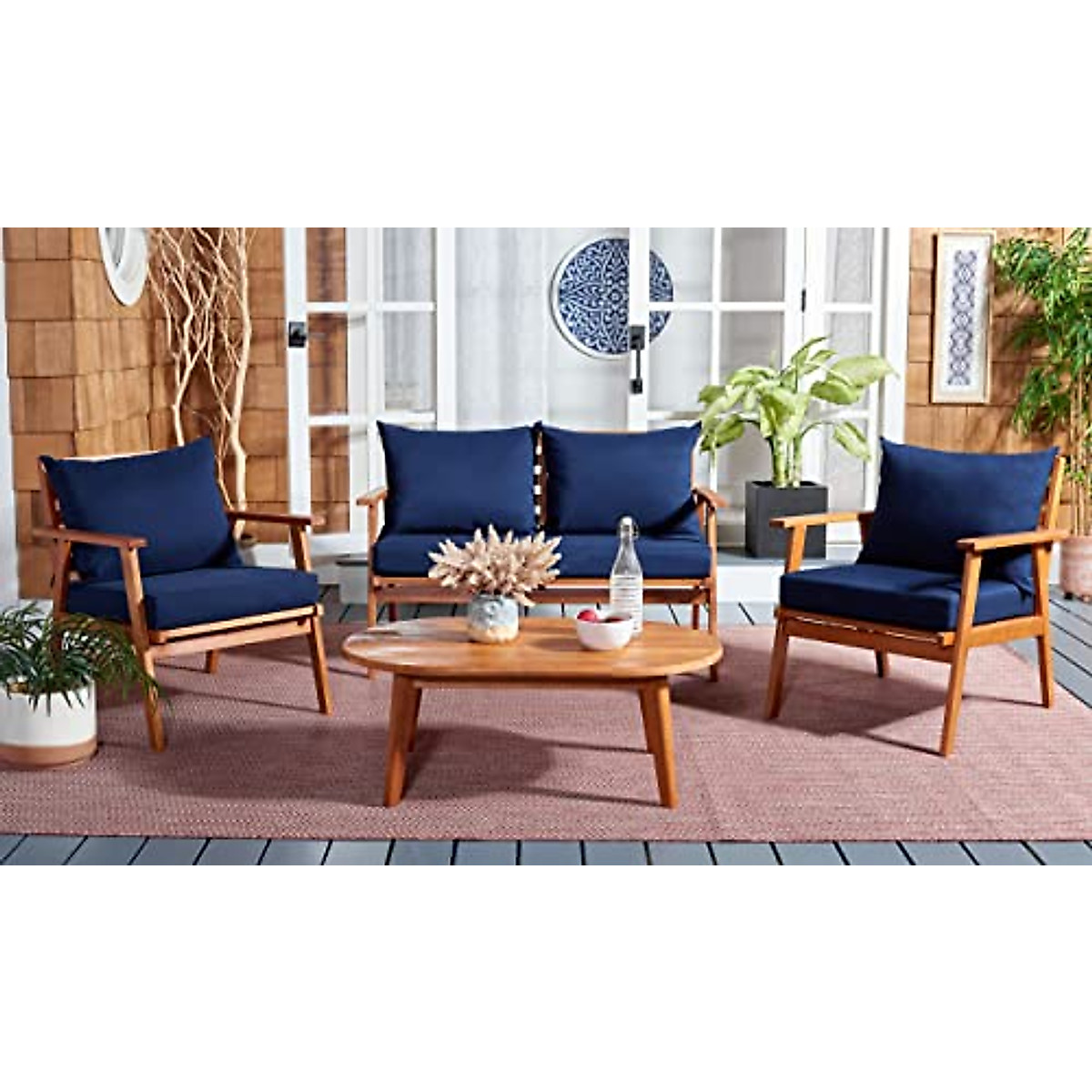 SAFAVIEH PAT7050A Collection Deacon Natural and Beige 4-Piece Outdoor Patio Set
