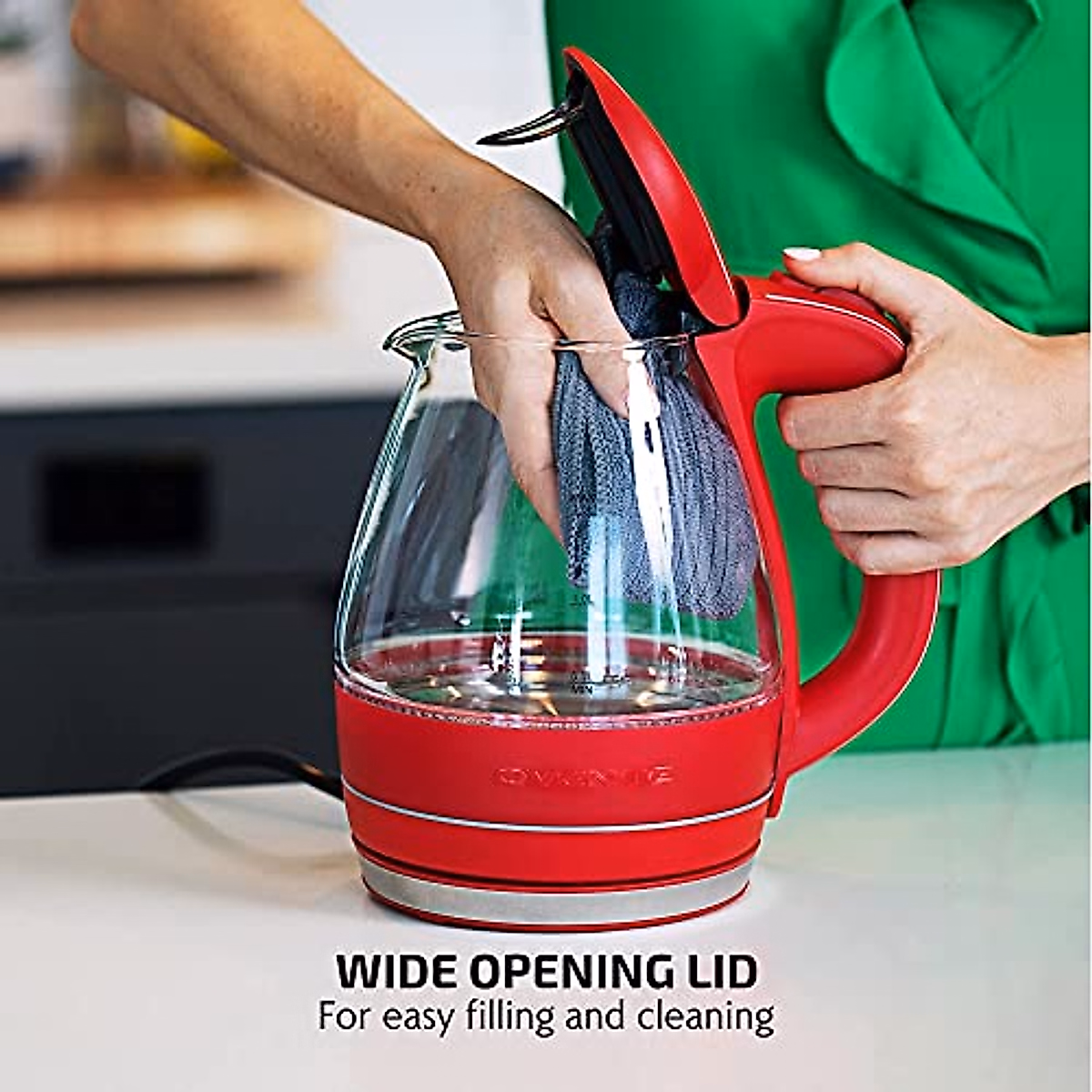 OVENTE Glass Electric Kettle Hot Water Boiler 1.5 Liter Borosilicate Glass Fast Boiling Countertop Heater - BPA Free Auto Shut Off Instant Water Heater Kettle for Coffee & Tea Maker - Red KG83R