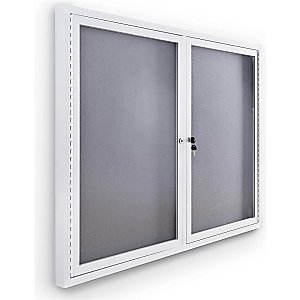 Displays2go 4' x 3' Enclosed Message Board, Sliding Doors, Locking, Gray Fabric - White (FBSW43WHLG)
