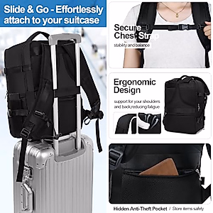 TRAVELHEART Travel Backpack for Women and Men - Large Expandable 45L with Shoe Compartment - Carry On Backpack for Airplanes - Flight Approved - Personal Item Size, Black